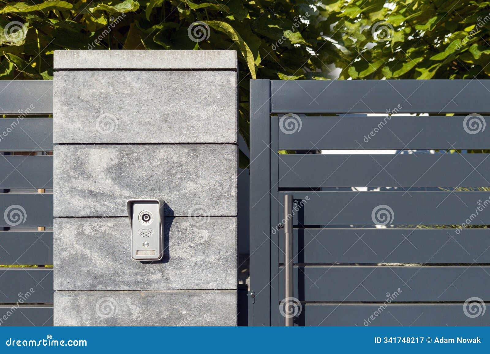 Modern Metal Gate with Intercom on Concrete Pillar Stock Illustration ...