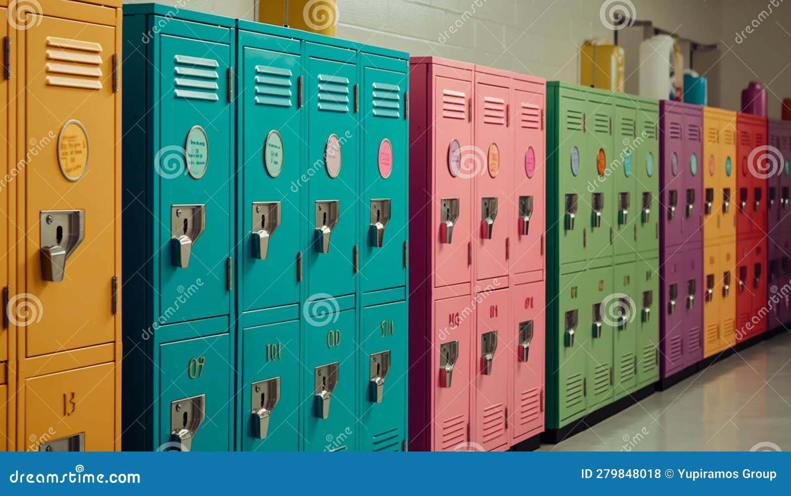 Modern Metal Lockers in a Row, Varying Colors and Patterns Generated by ...