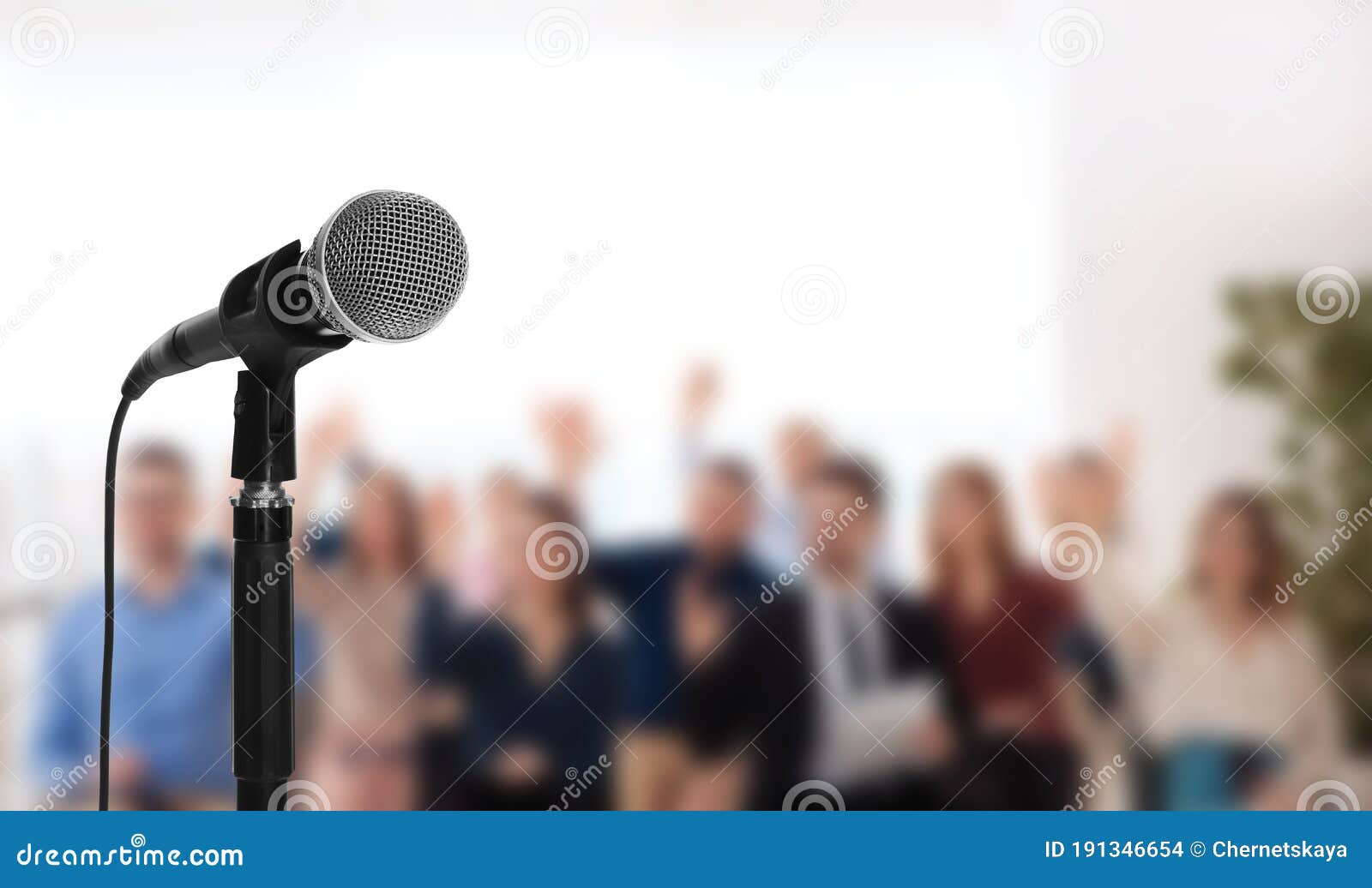 Modern Microphone and People at Business Training, Closeup Stock Photo ...