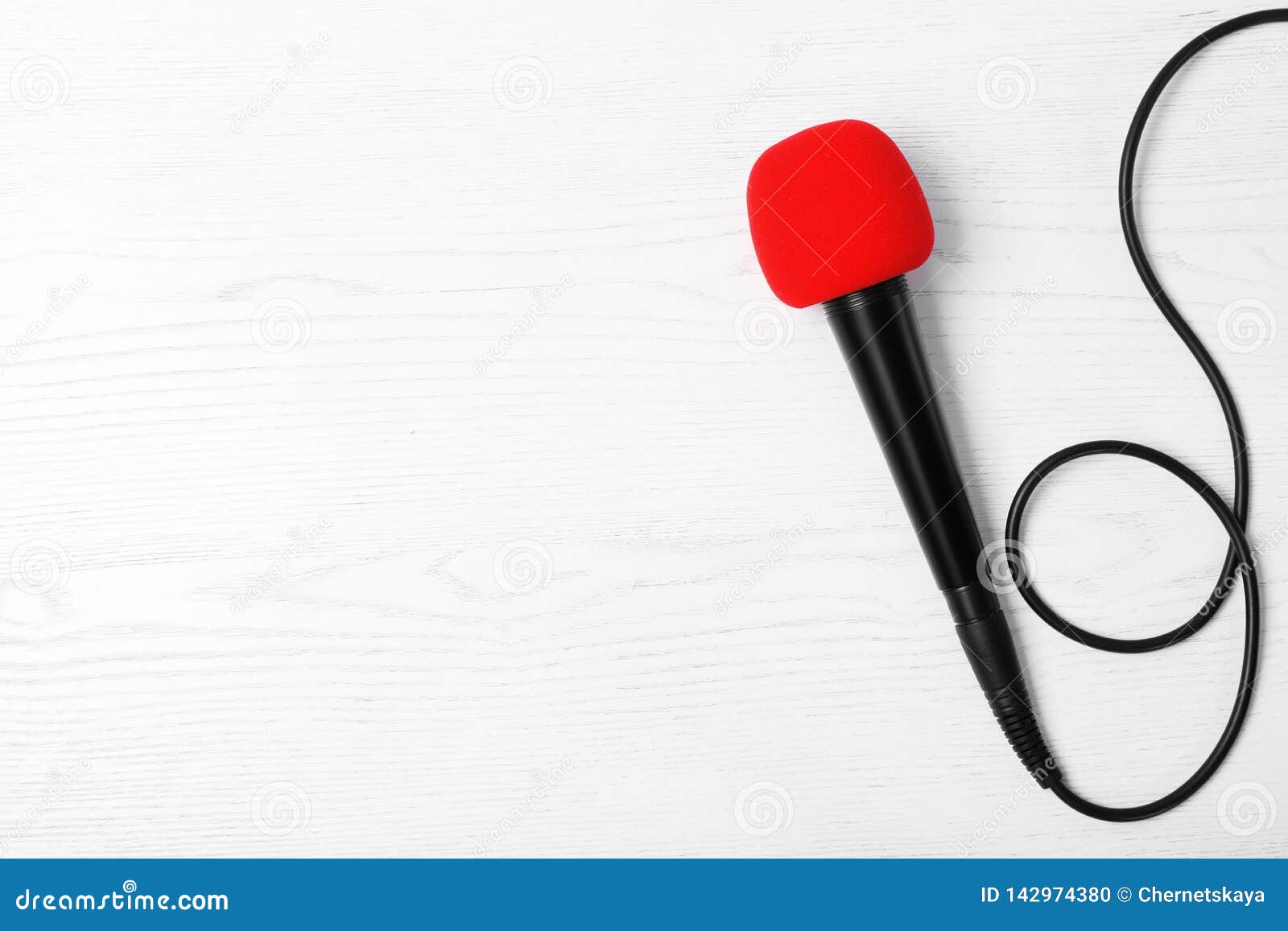 Modern Microphone on Wooden Background, Top View Stock Photo - Image of ...