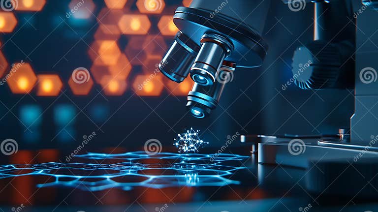Modern Microscope with Blue Light and Hexagonal Pattern Stock ...