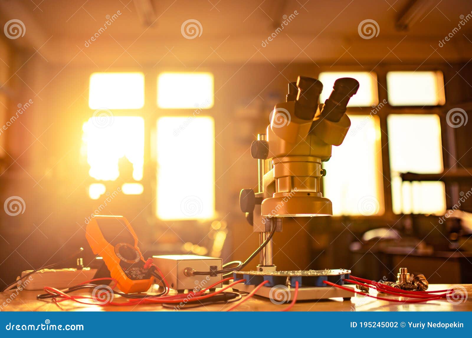 Modern Microscope, Connectors Component and Large Green Microcircuit in ...