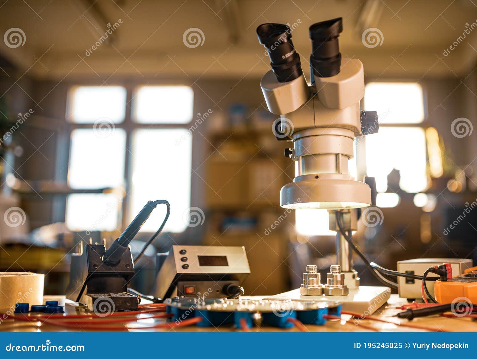 Modern Microscope, Connectors Component and Large Green Microcircuit in ...