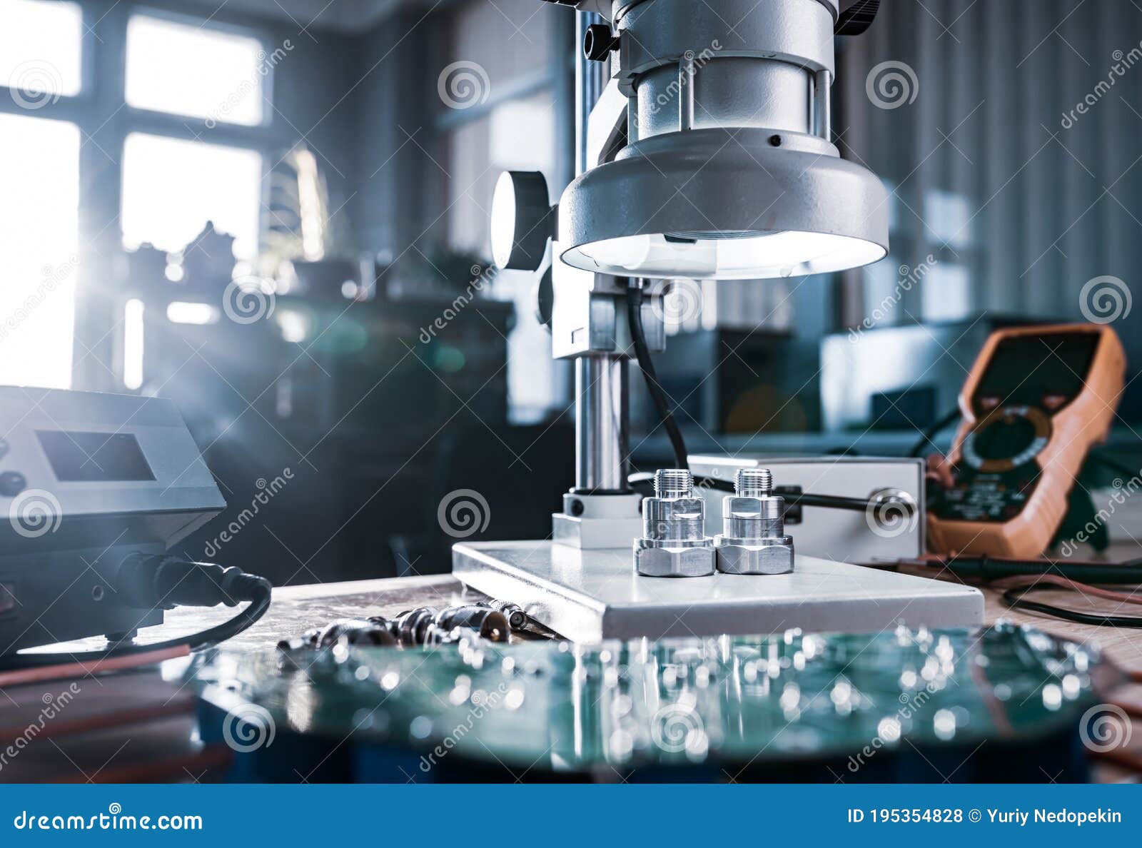 Modern Microscope, Connectors Component and Large Green Microcircuit in ...