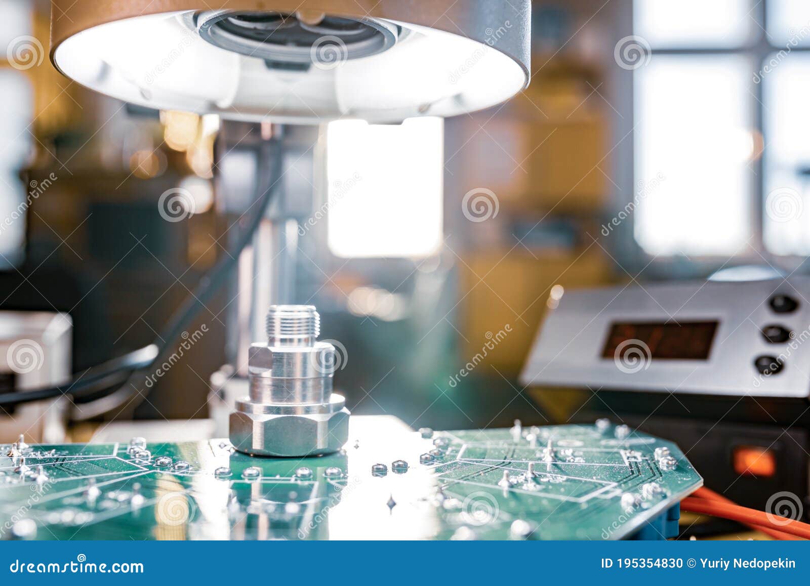 Modern Microscope, Connectors Component and Large Green Microcircuit in ...
