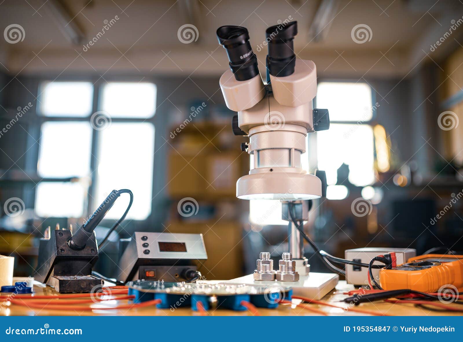 Modern Microscope, Connectors Component and Large Green Microcircuit in ...