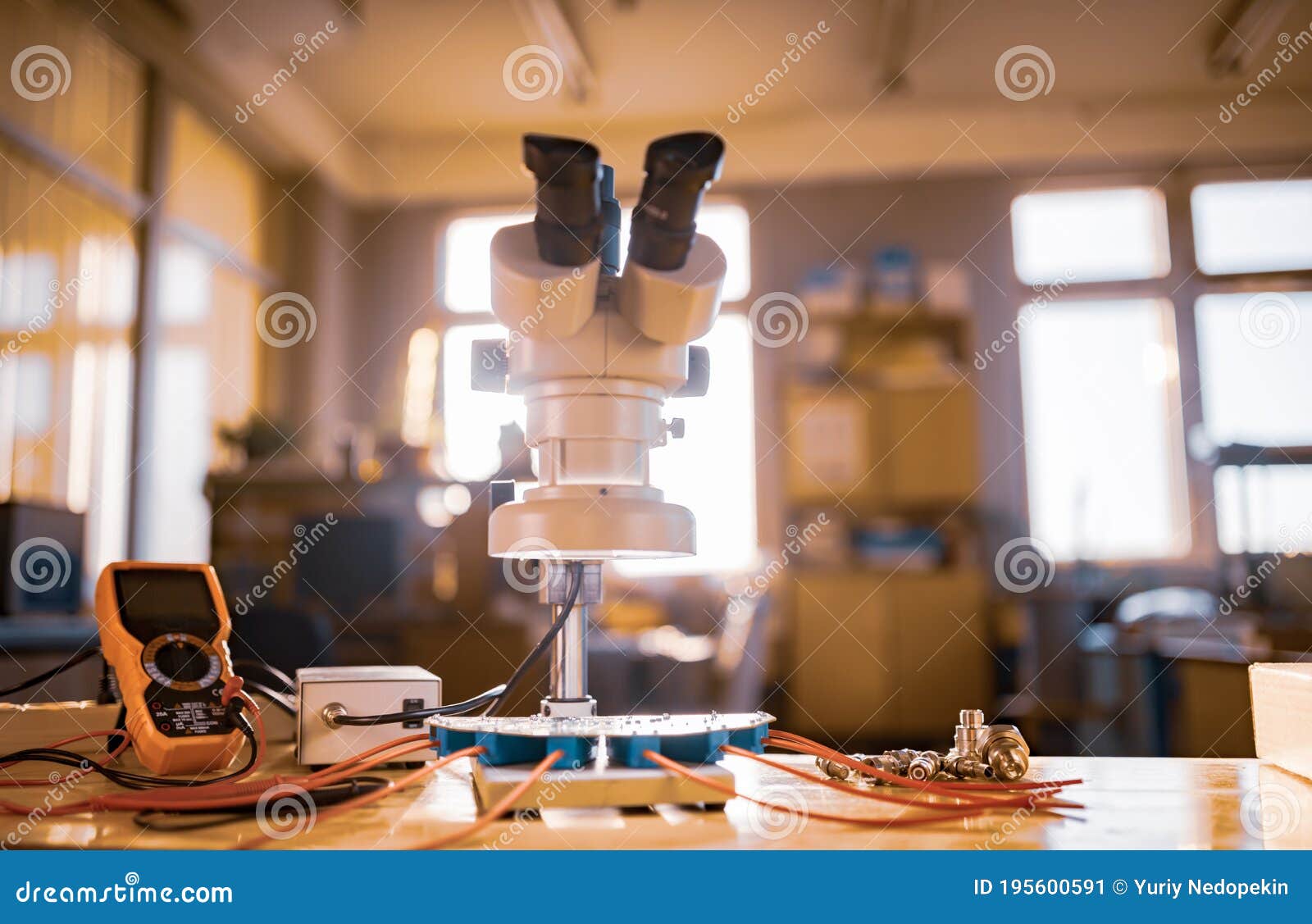 Modern Microscope, Connectors Component and Large Green Microcircuit in ...