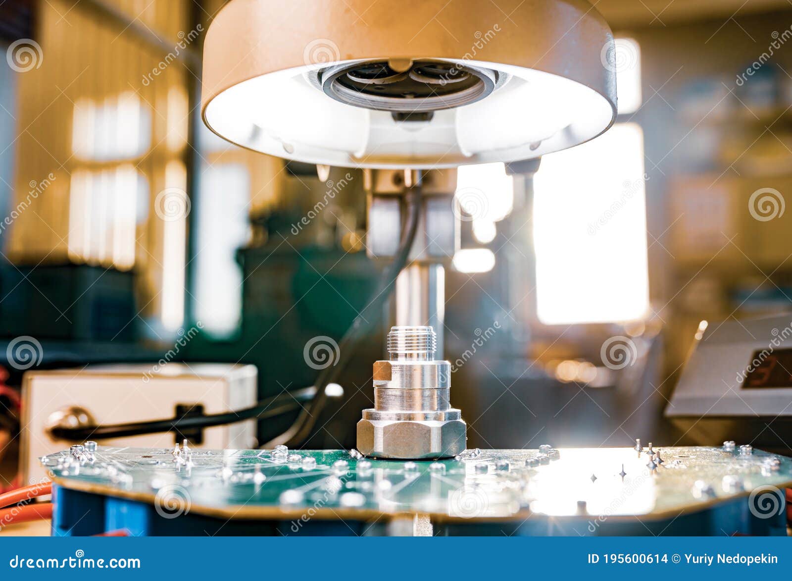 Modern Microscope, Connectors Component and Large Green Microcircuit in ...