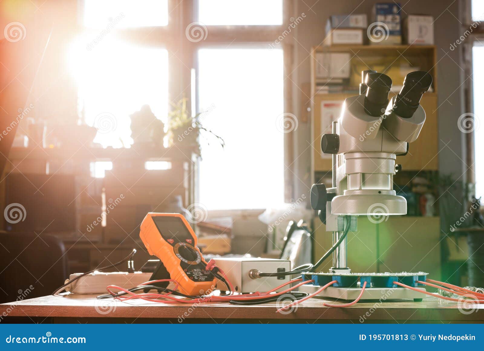 Modern Microscope, Connectors Component and Large Green Microcircuit in ...