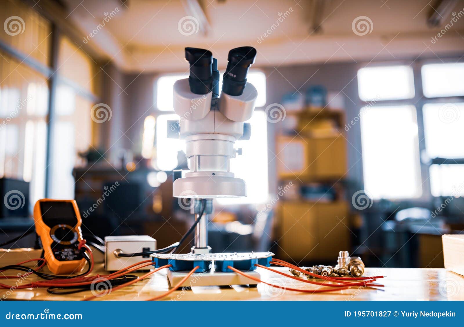 Modern Microscope, Connectors Component and Large Green Microcircuit in ...