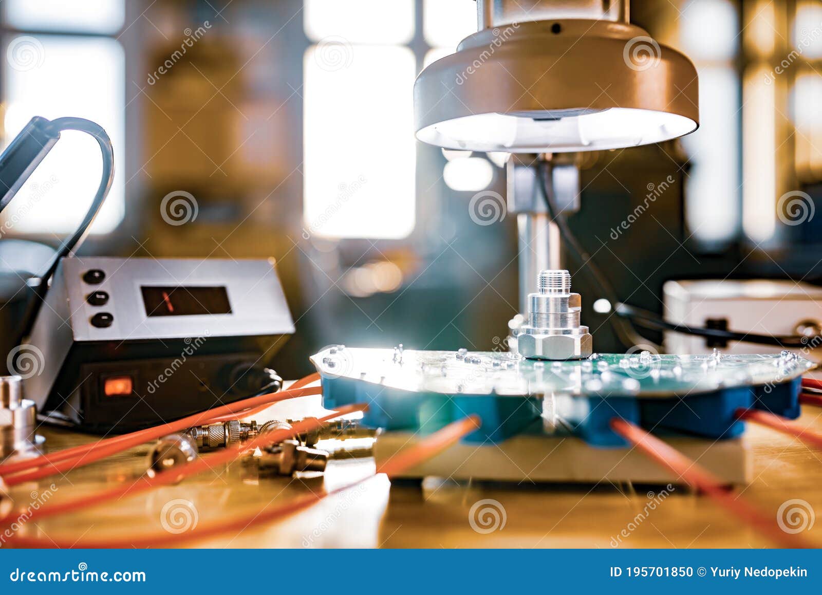 Modern Microscope, Connectors Component and Large Green Microcircuit in ...