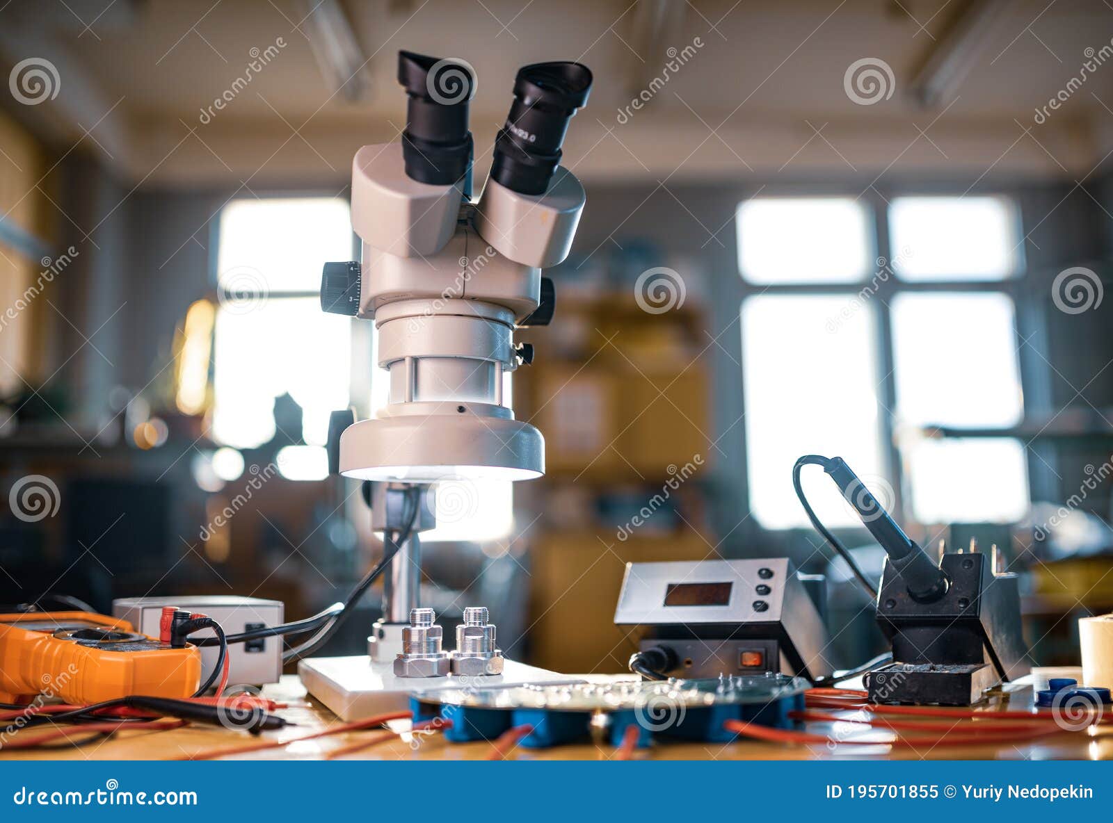 Modern Microscope, Connectors Component and Large Green Microcircuit in ...