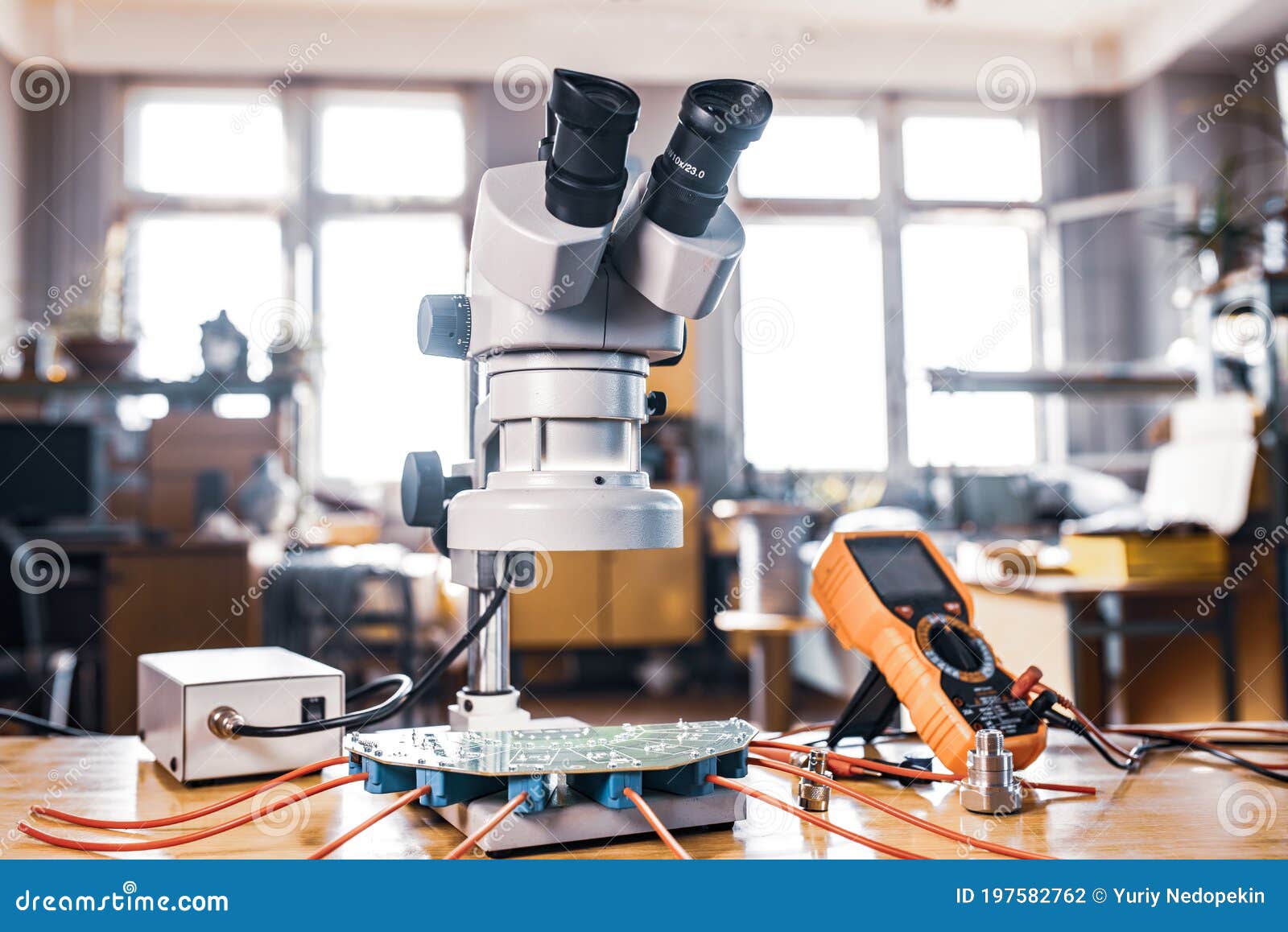 Modern Microscope, Connectors Component and Large Green Microcircuit in ...
