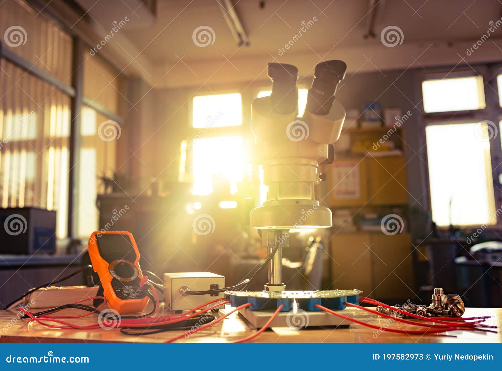 Modern Microscope, Connectors Component and Large Green Microcircuit in ...