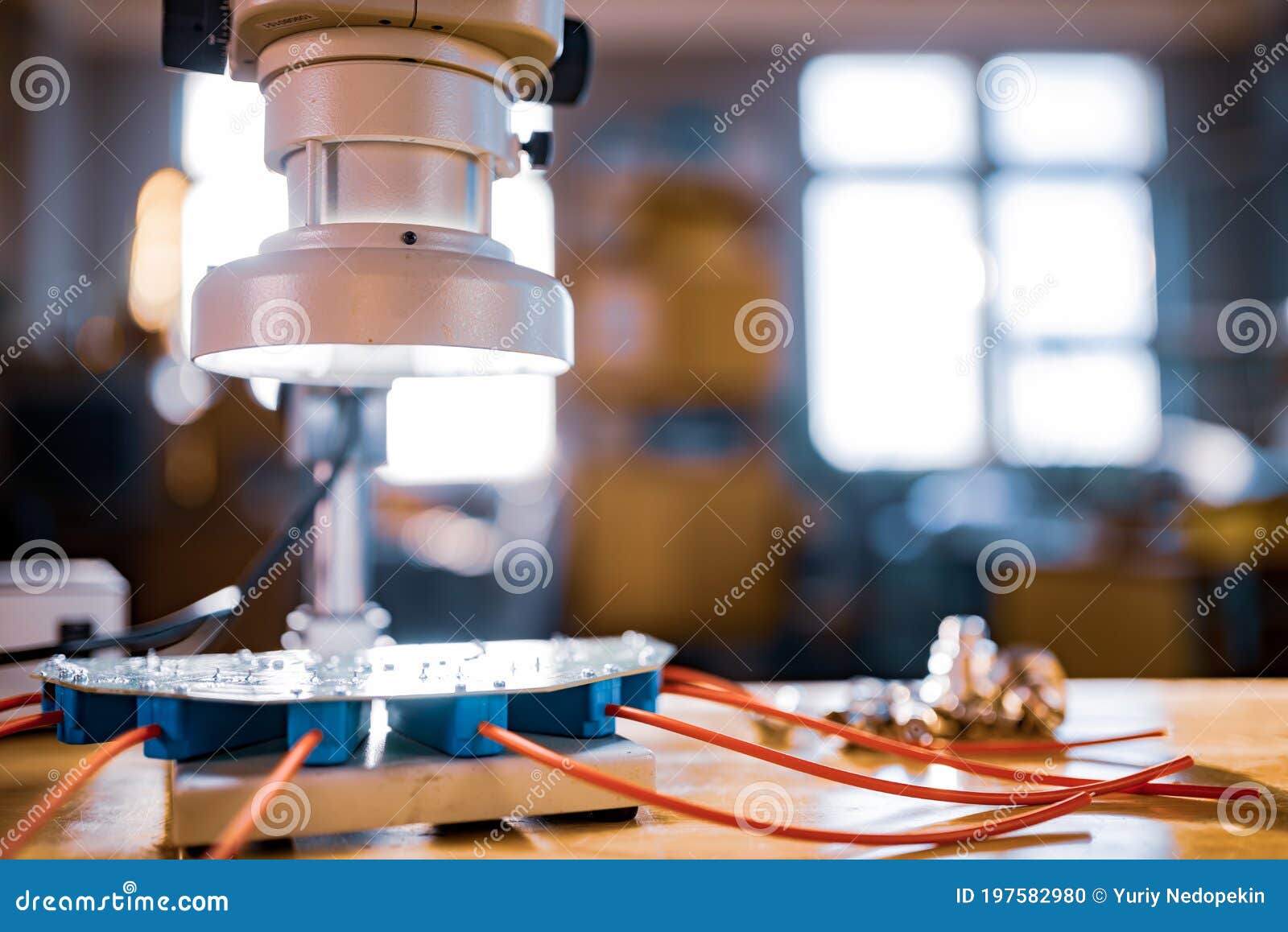 Modern Microscope, Connectors Component and Large Green Microcircuit in ...