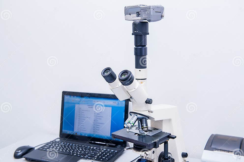 Modern Microscope Equipped with Digital Camera and Computer in Clinic ...