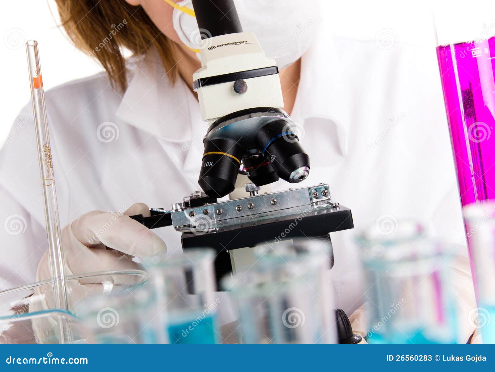 Modern Microscope with Female Researcher Stock Image - Image of ...