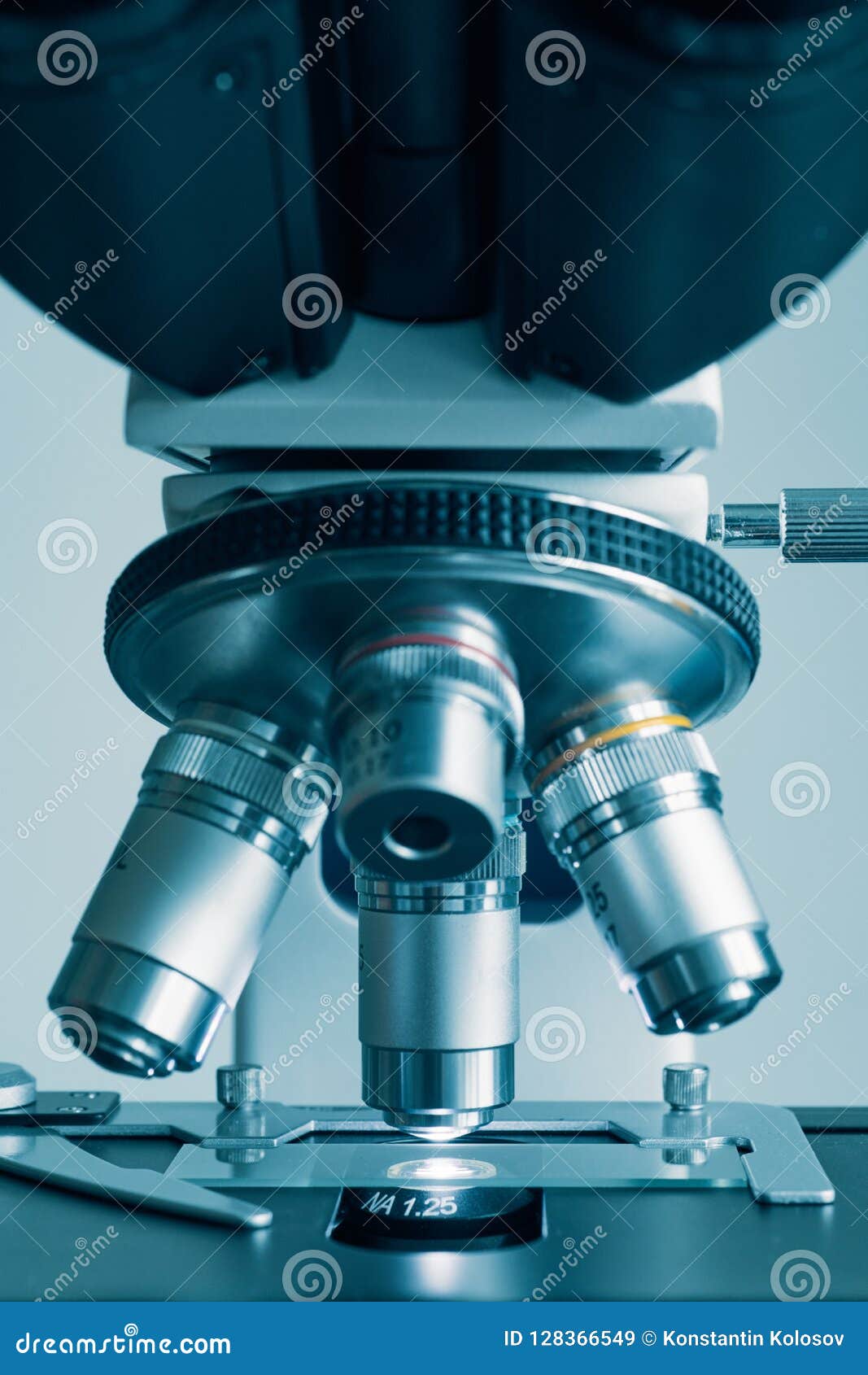 Modern Microscope with Metal Lens at Laboratory. Stock Image - Image of ...