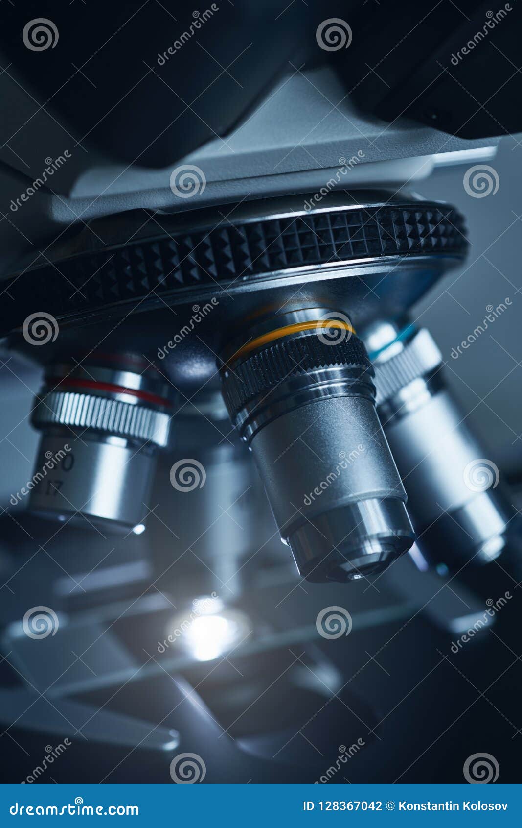 Modern Microscope with Metal Lens at Laboratory. Stock Photo - Image of ...