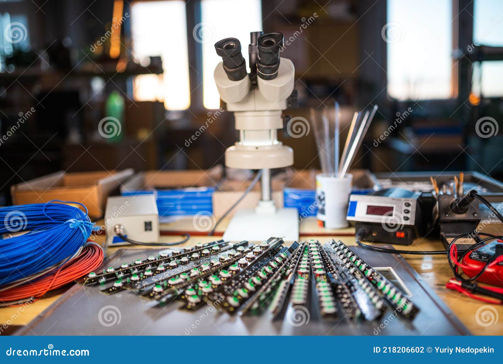 Modern Microscope, Panel of LED Light Indicators is in the Production ...