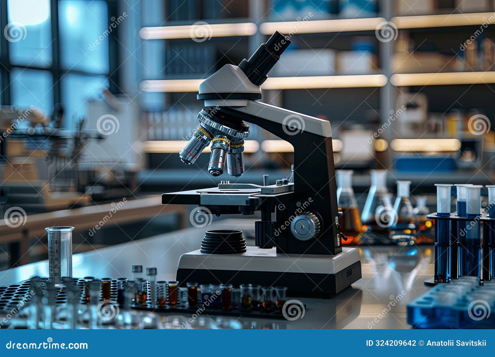 A Modern Microscope is Positioned on a Lab Bench, Surrounded by Beakers ...