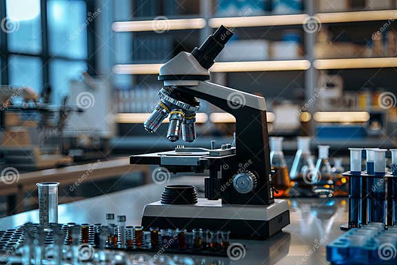 A Modern Microscope is Positioned on a Lab Bench, Surrounded by Beakers ...