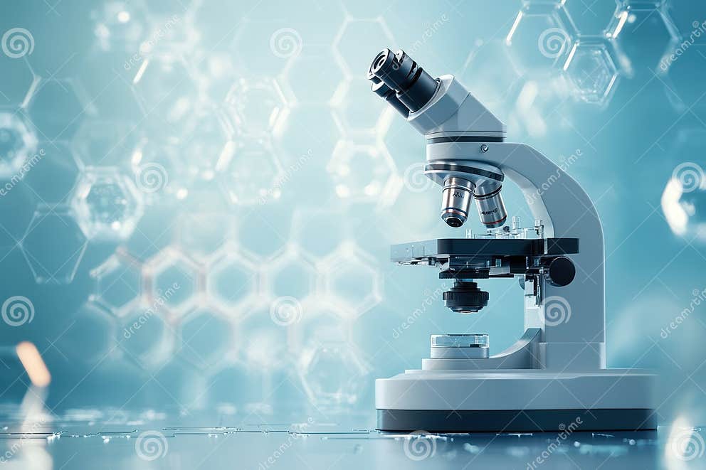 Modern Microscope Positioned on a Laboratory Table with a Blue ...