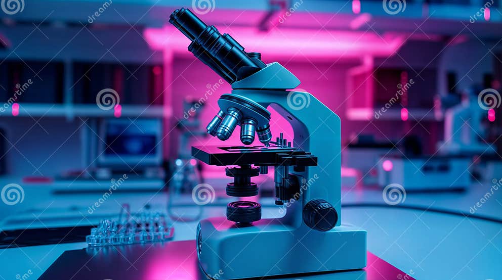 Modern Microscope Stands on Table in Laboratory with Neon Lighting ...