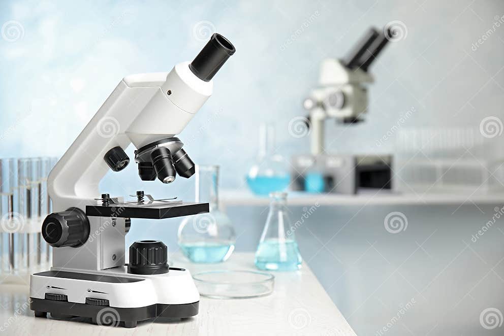 Modern Microscope on Table in Laboratory. Medical Equipment Stock Image ...