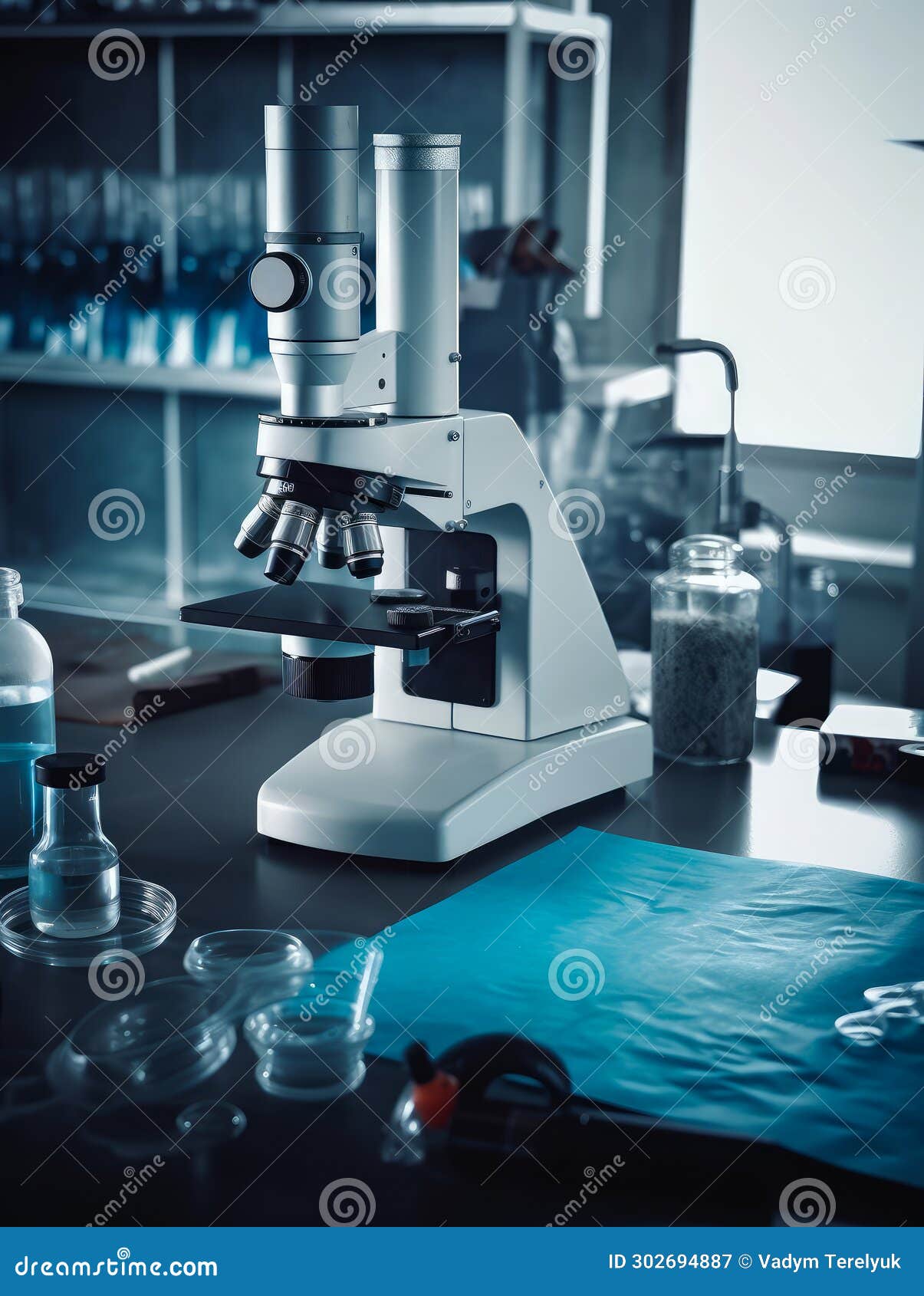 Modern Microscope on the Table among the Multiple Glass Dishes ...