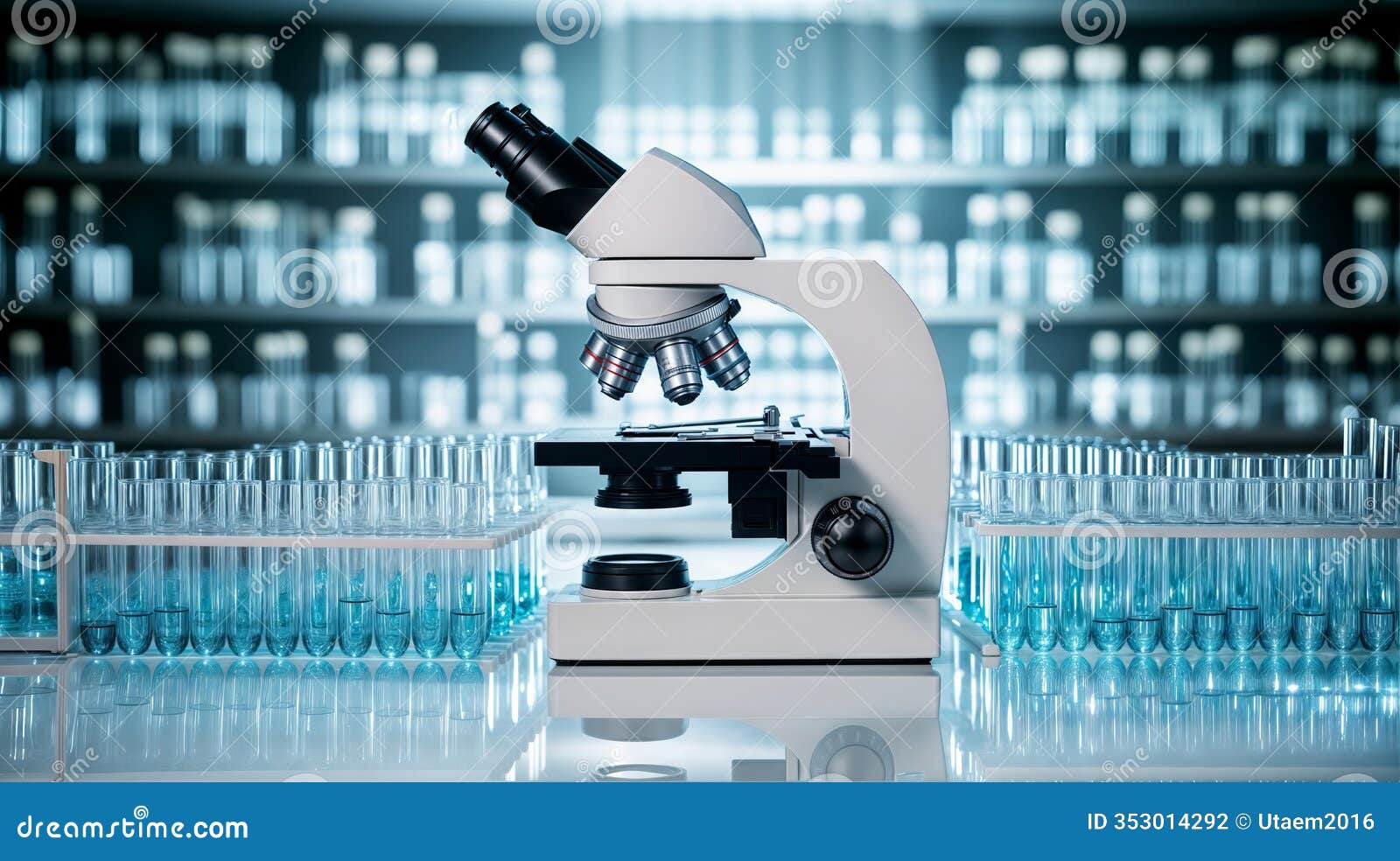 Modern Microscope Stands on Table with Test Tubes in Laboratory Setting ...
