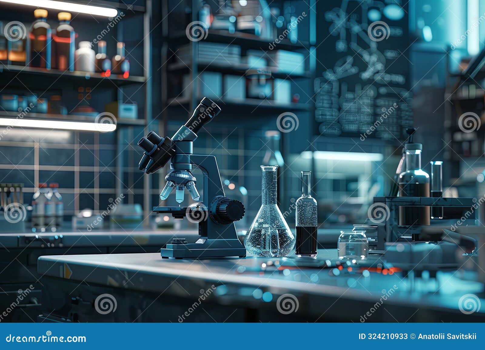 A Modern Microscope and Various Chemical Equipment are Set Up on a ...