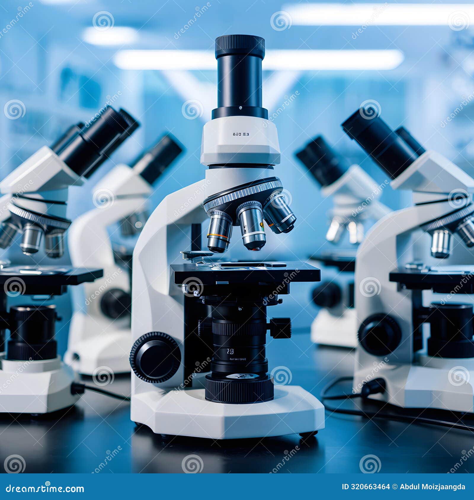 Modern Microscopes On Table In Lab Setting, Central Microscope With ...