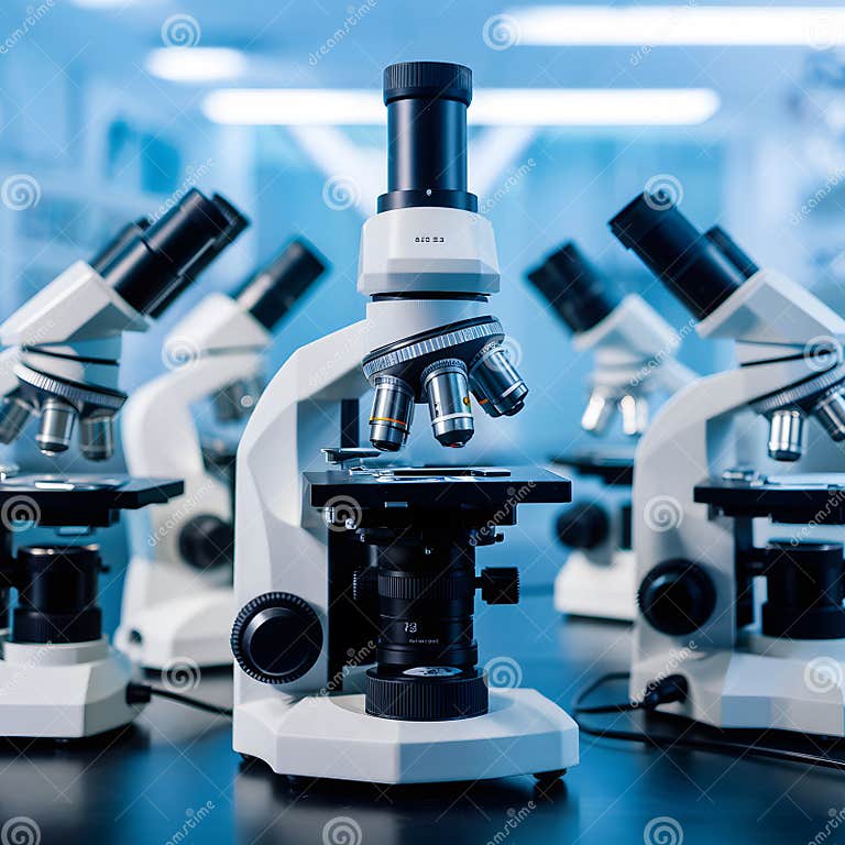 Modern Microscopes on Table in Lab Setting, Central Microscope with ...