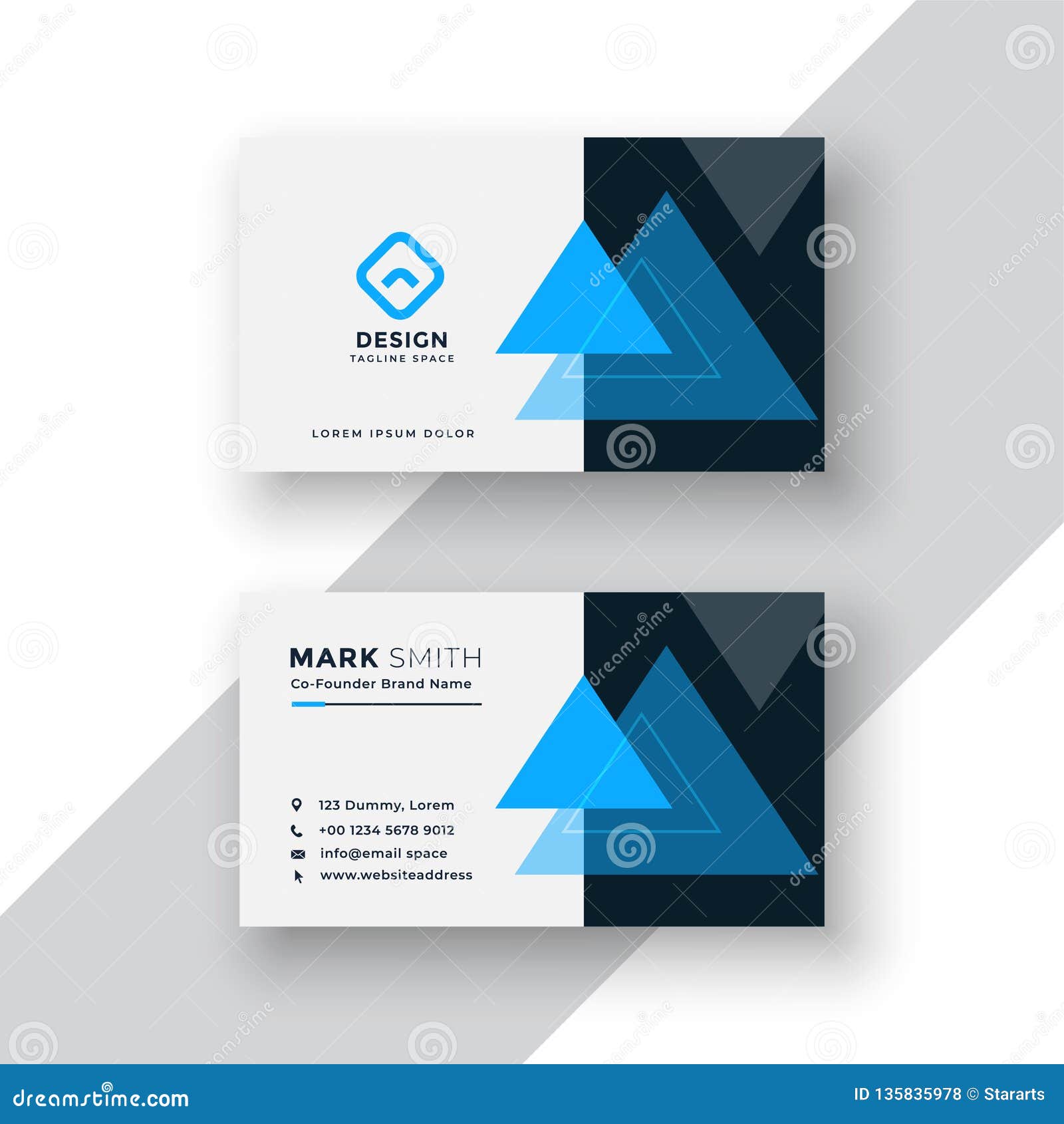 Modern Minimal Blue Business Card Design with Triangle Shapes Stock ...