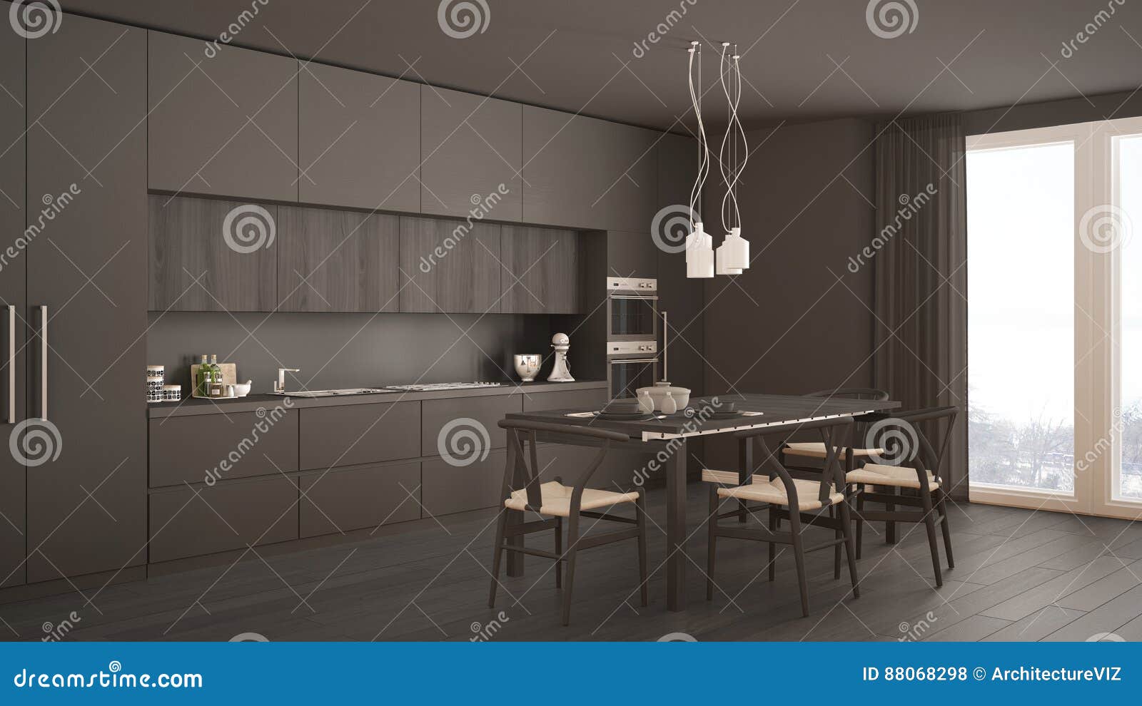 Modern Minimal Gray Kitchen with Wooden Floor, Classic Interior Stock ...