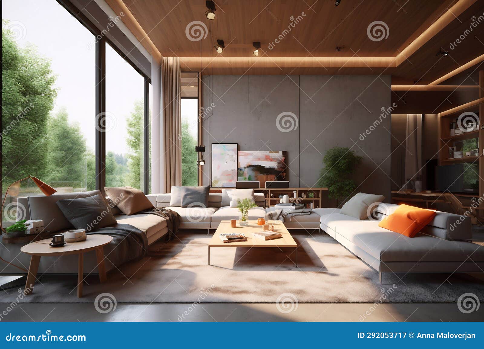 Modern Minimalism Style Drawing-room Interior with Big Windows and Lot ...