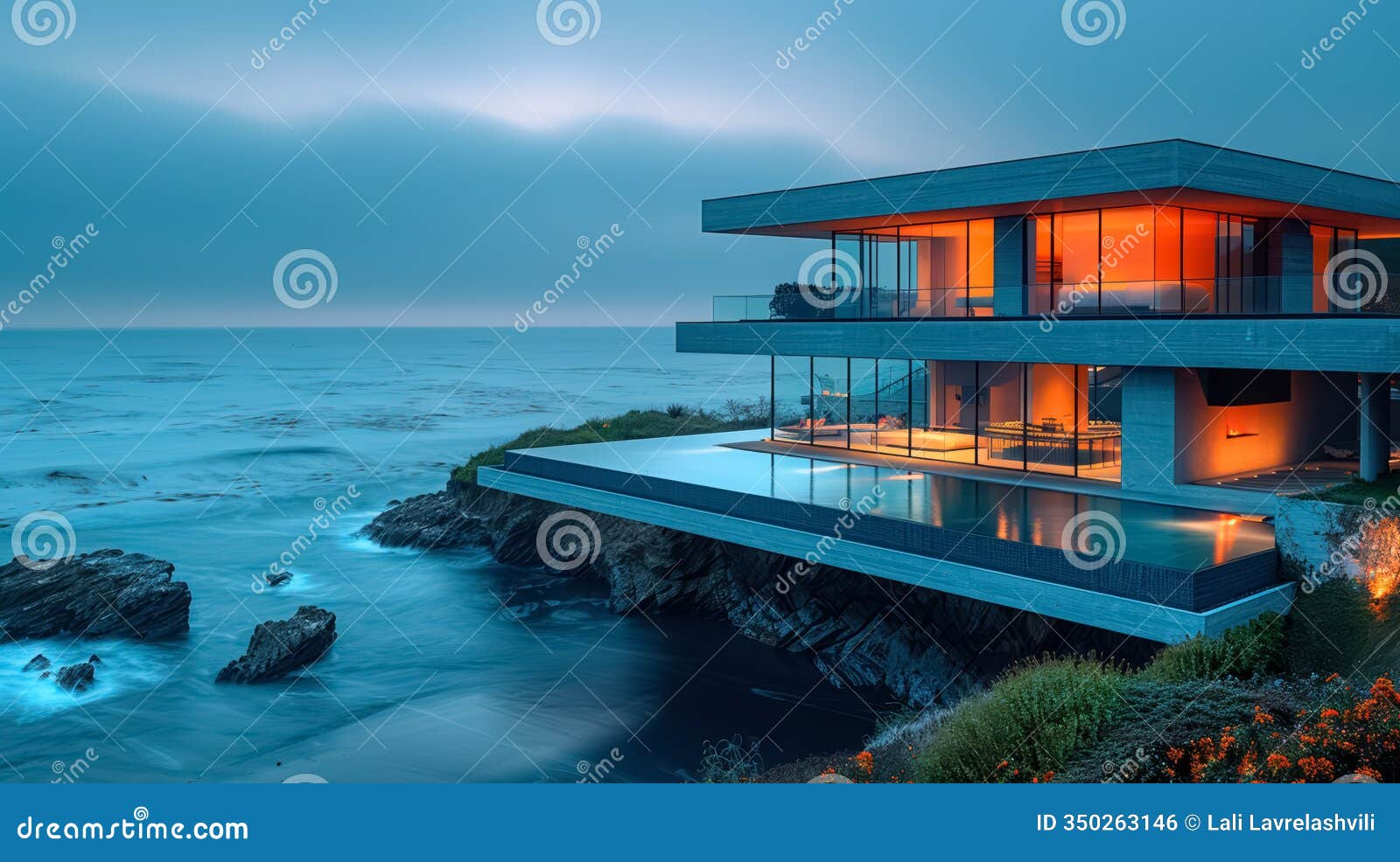 Modern Minimalist Beachfront House with Glass Walls Stock Illustration ...