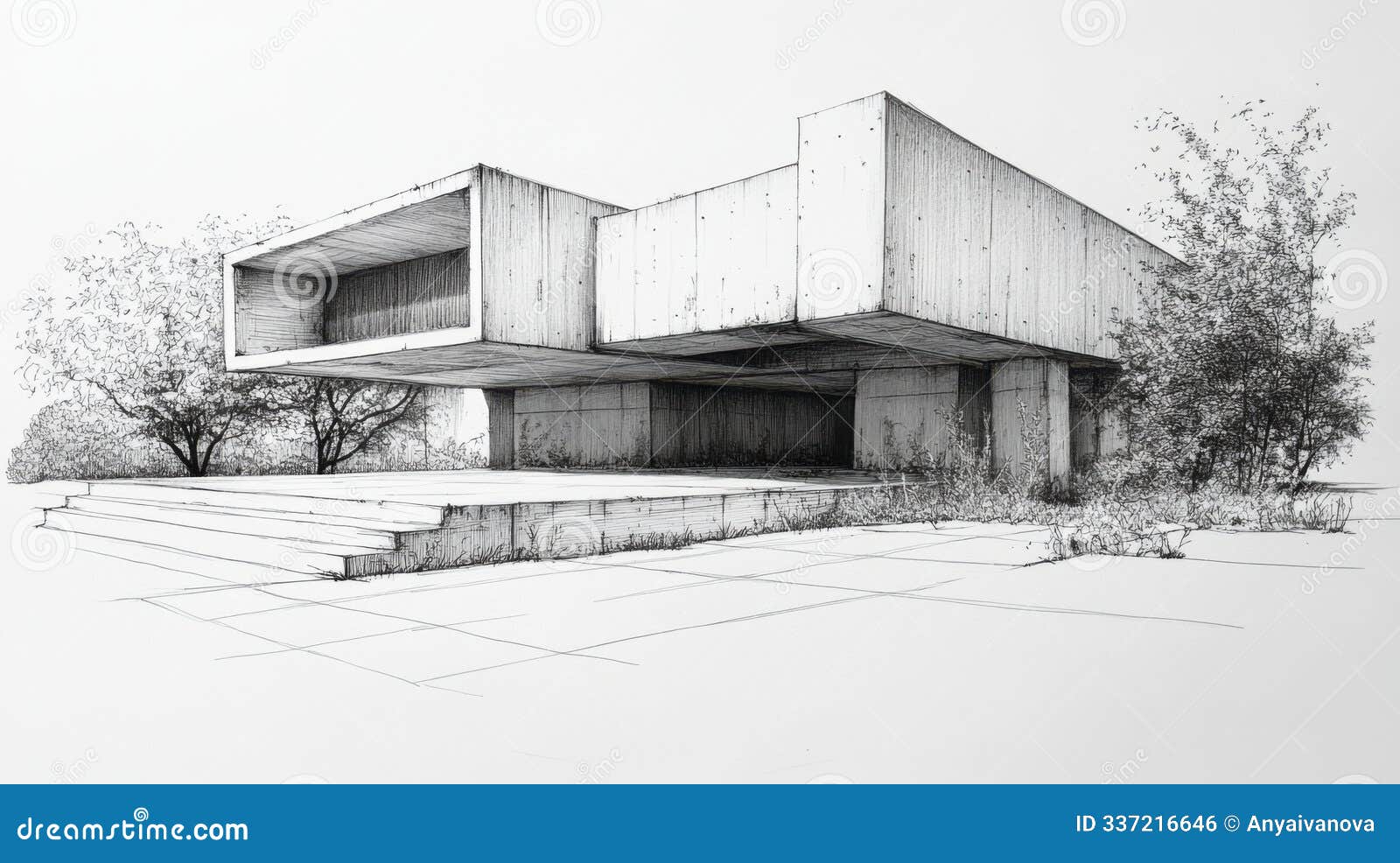 Modern Minimalist Brutalist Architecture Sketch with Trees and Concrete ...