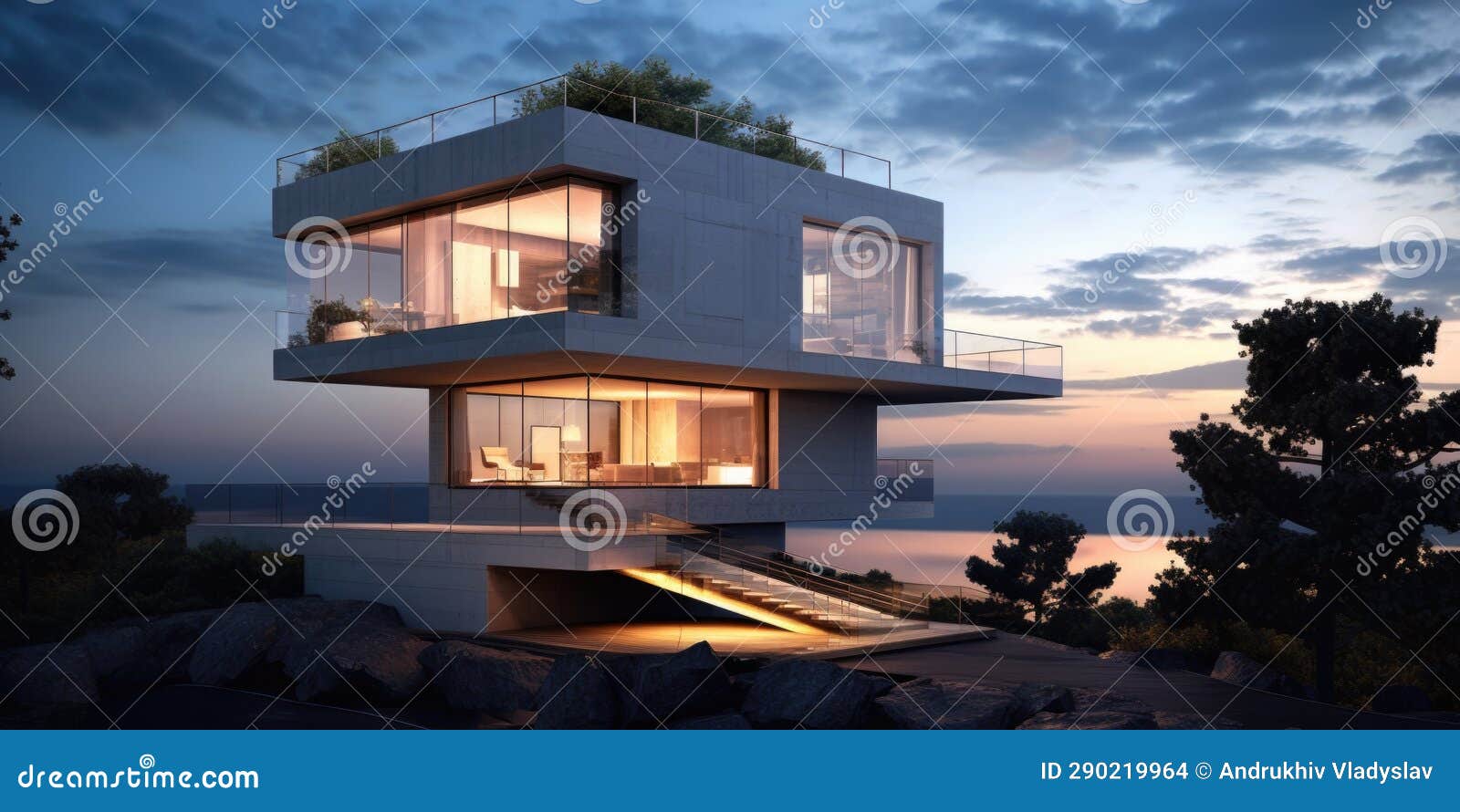 Modern Minimalist Concrete and Glass Stack-cube House. Villa with ...