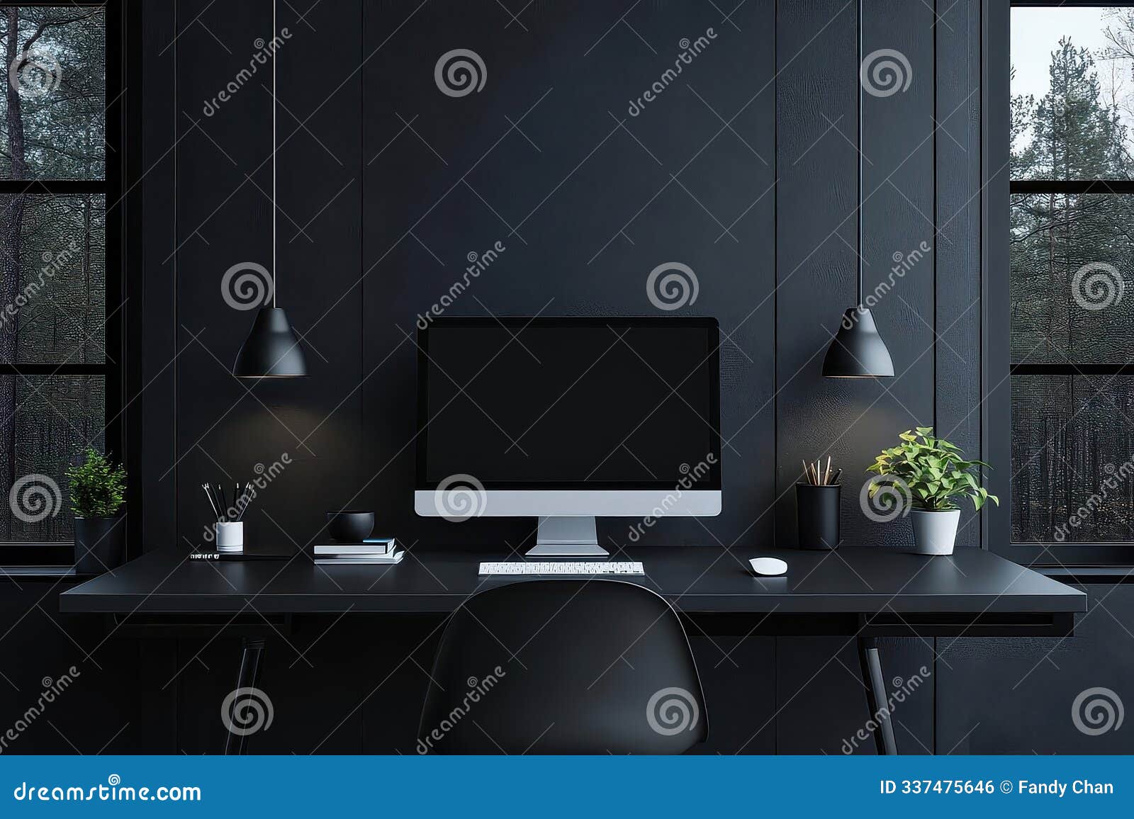 Modern Minimalist Home Office Design with Black Desk, Computer, and ...