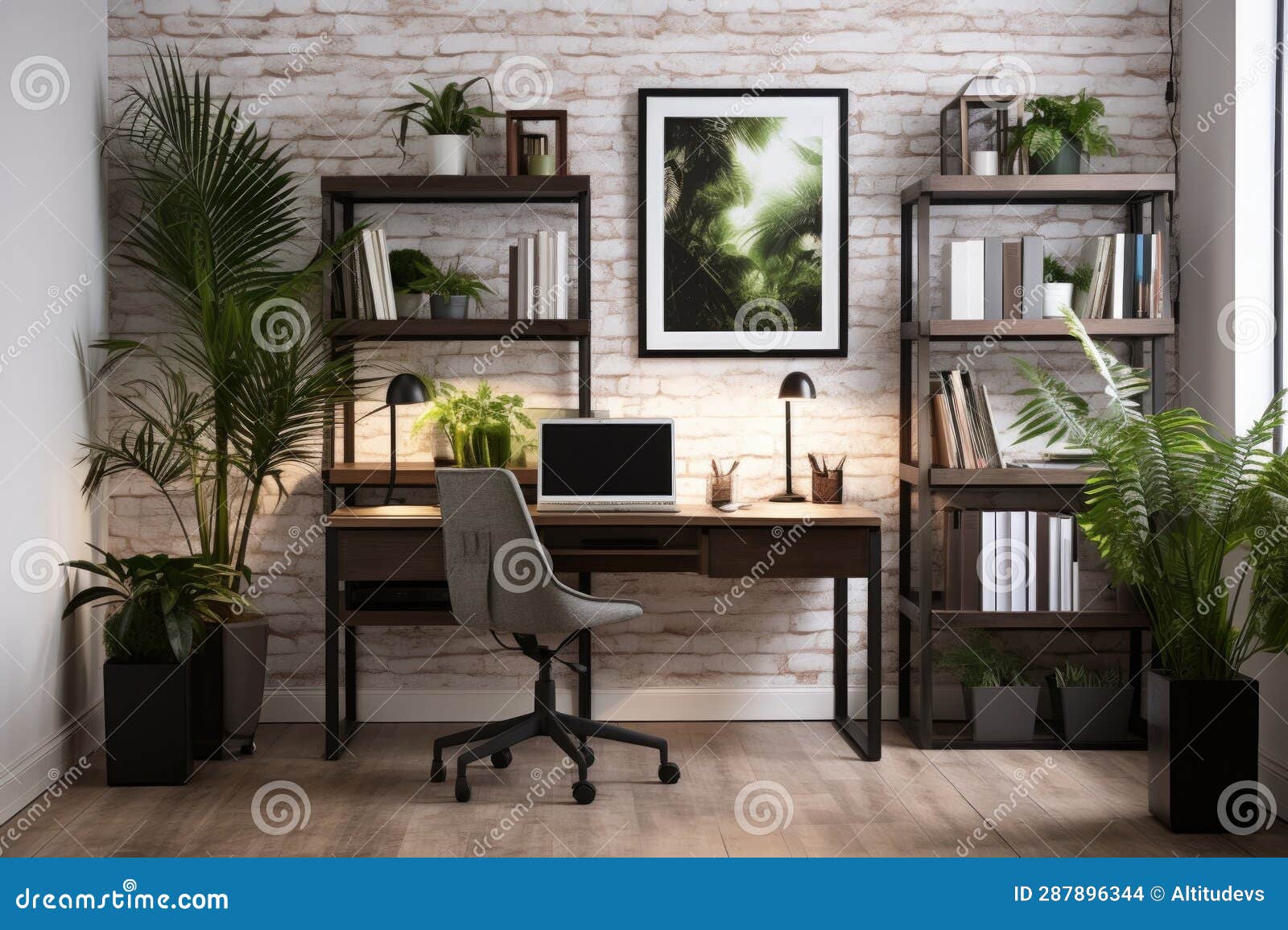 Modern Minimalist Home Office with Plants Stock Photo - Image of office ...