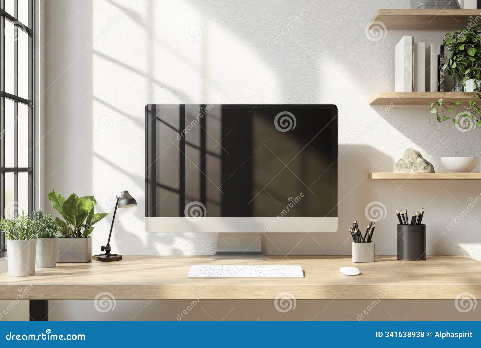 Modern Minimalist Home Office Setup with Computer Showing Empty Screen ...