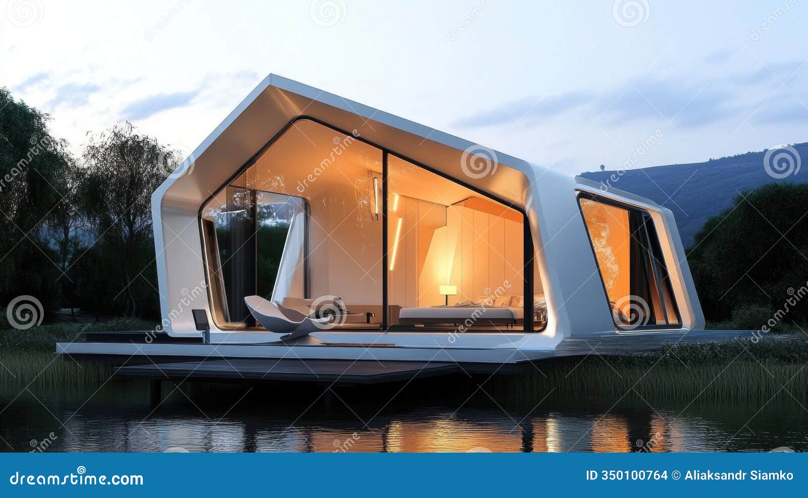 Modern Minimalist House Design by the Water at Dusk Stock Illustration ...