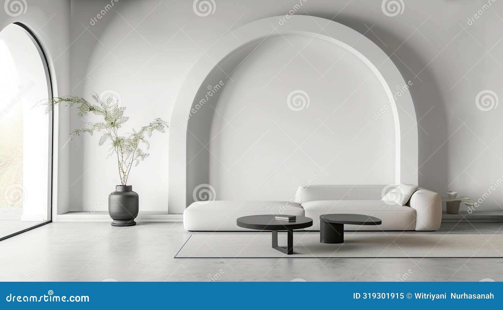 Modern Minimalist Interior with Arch, Concrete Floor, Sofa. Generative ...