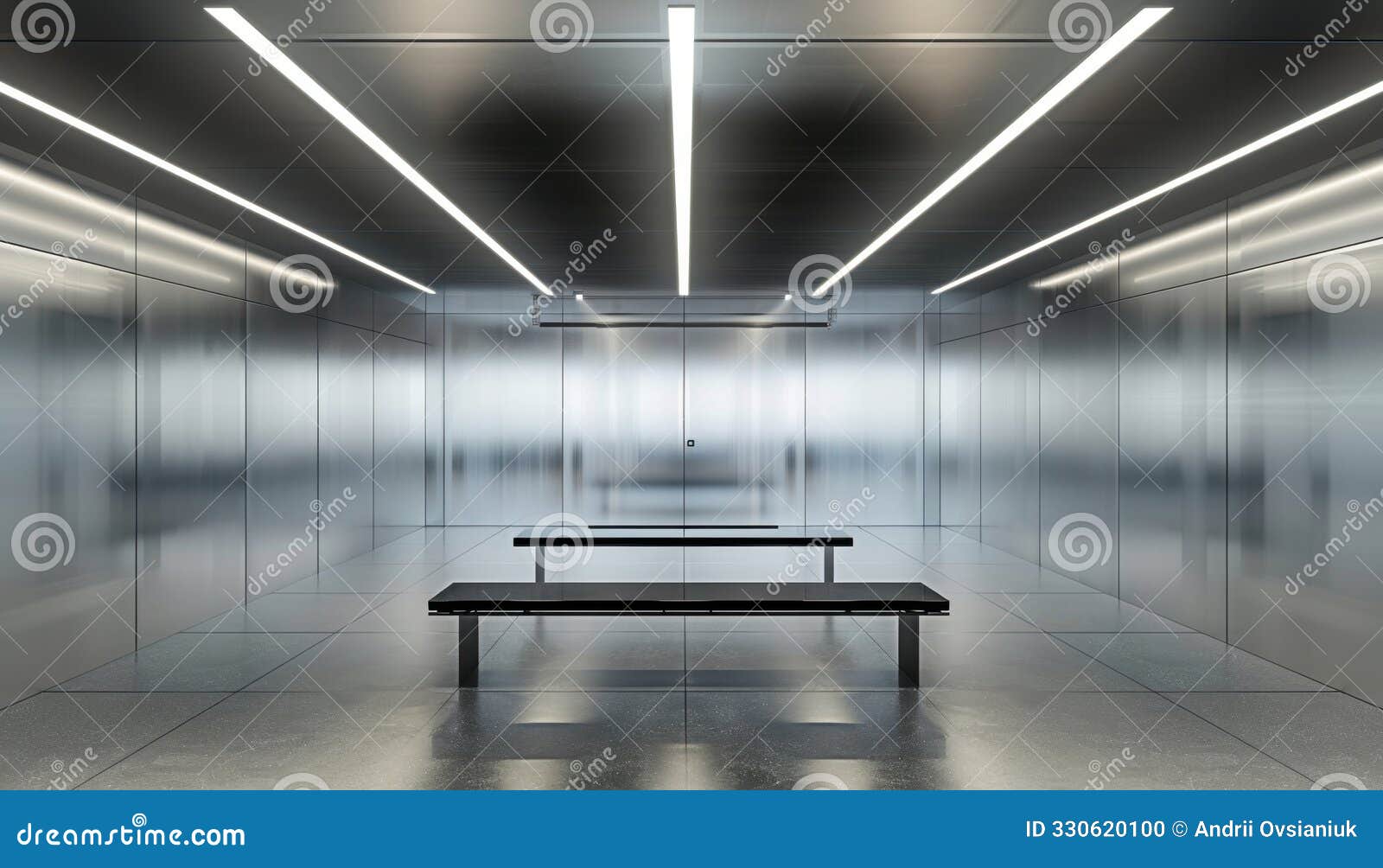 Modern Minimalist Interior with Bench in Sleek Metallic Corridor Stock ...