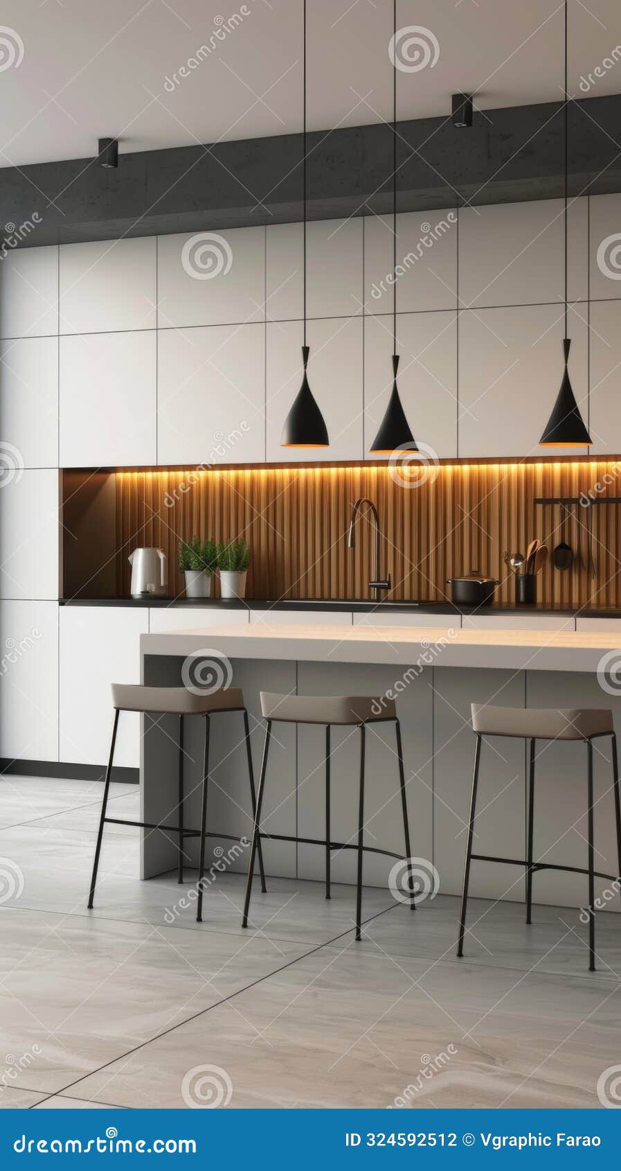 Modern Minimalist Kitchen with Island and Ambient Lighting Stock Photo ...