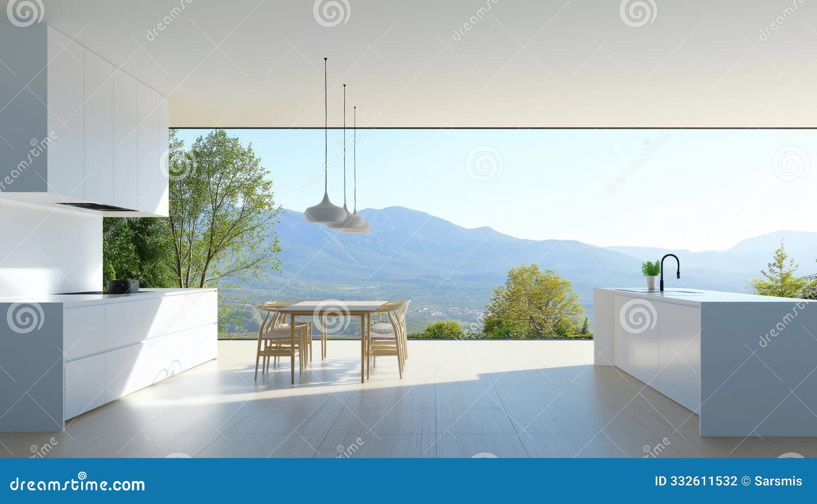 Modern Minimalist Kitchen with Panoramic Mountain View through Floor-to ...