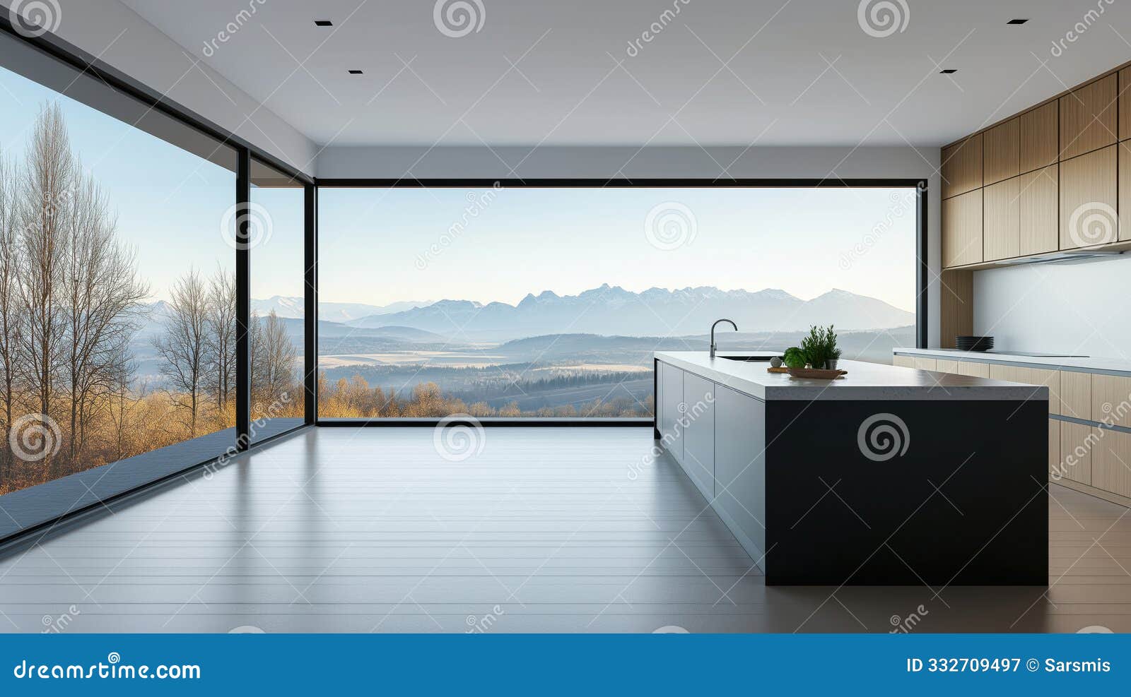 Modern Minimalist Kitchen with Panoramic Mountain Views and Floor-to ...