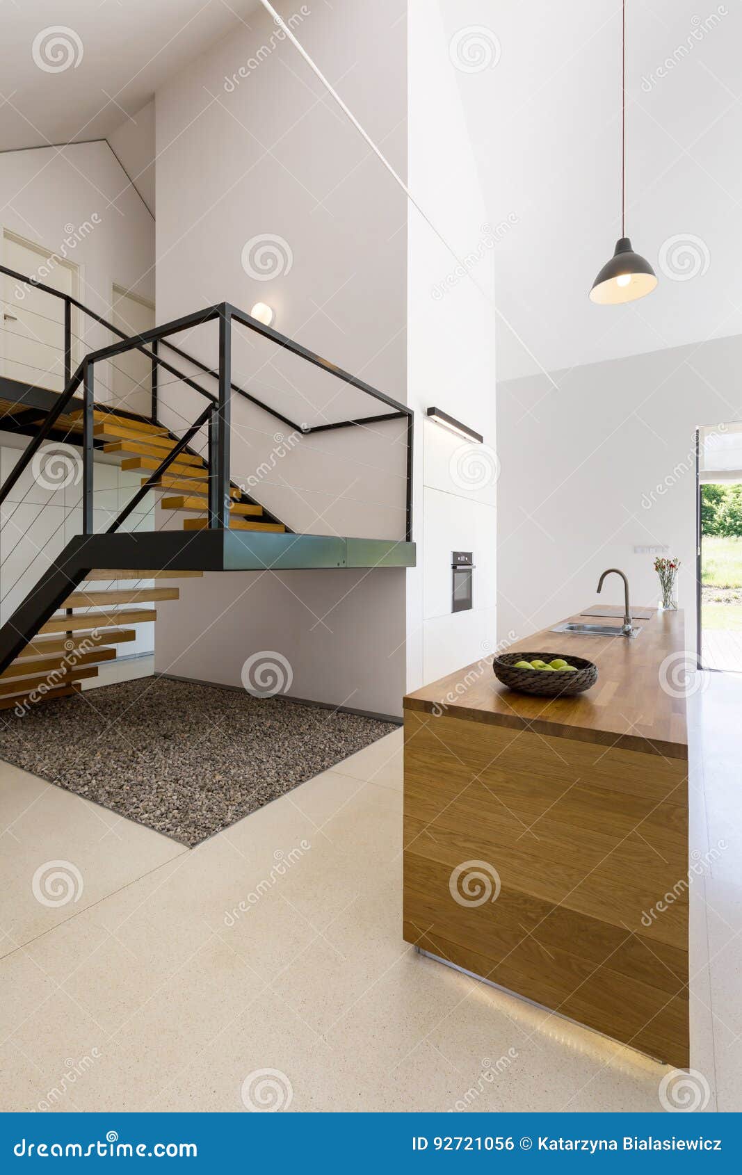 Modern Minimalist Kitchen and Staircase Stock Photo - Image of decor ...